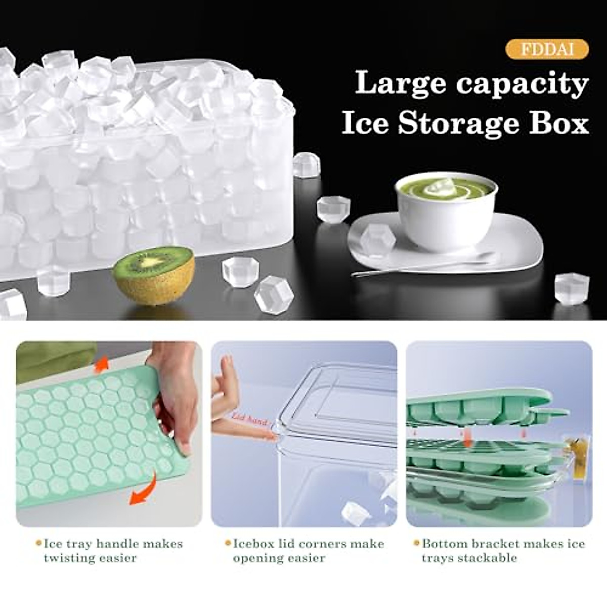 Small Ice Cube Tray for Freezer: FDDAI Easy Release Ice Cube Maker - Stackable Cubed Ice Trays and Bin - Making Tiny Honeycomb Icecubes