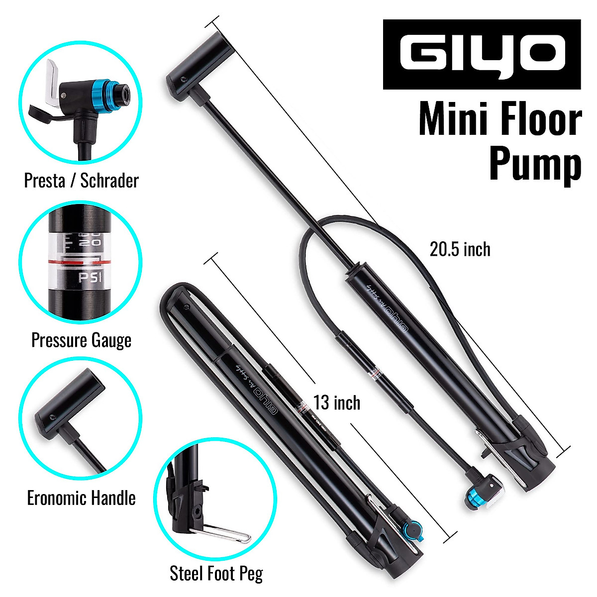 GIYO Bike Frame Floor Pump - Compact & Durable, Fast Tire Inflation for Road & MTB - Presta/Schrader, Max 140 psi - Small Pump with Gauge (GM631)