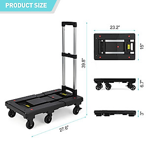 GlowSol Folding Hand Truck, 500 Lb Collapsible Dolly Cart, Portable Utility Dolly Grocery Cart with 6 Wheels & 2 Elastic Ropes for Moving, Luggage, Travel, Shopping, Home, Office Use, Black