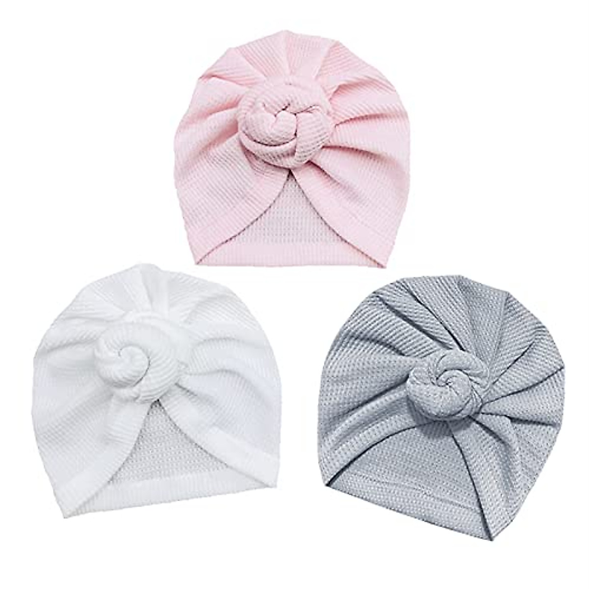 Asufegucd 5 Pieces Baby Turban Hats Turban Bun Knot Baby Infant Beanie Baby Girl Soft Toddler Cap Waffle Style (Girls 5pcs)