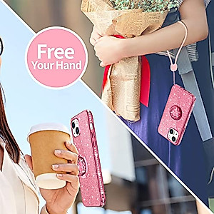 OCYCLONE for iPhone 13 Case, Glitter Sparkle Diamond Cover with Ring Stand Protective Phone Case Compatible with 6.1 inch iPhone 13 Case for Women Girls - Pink