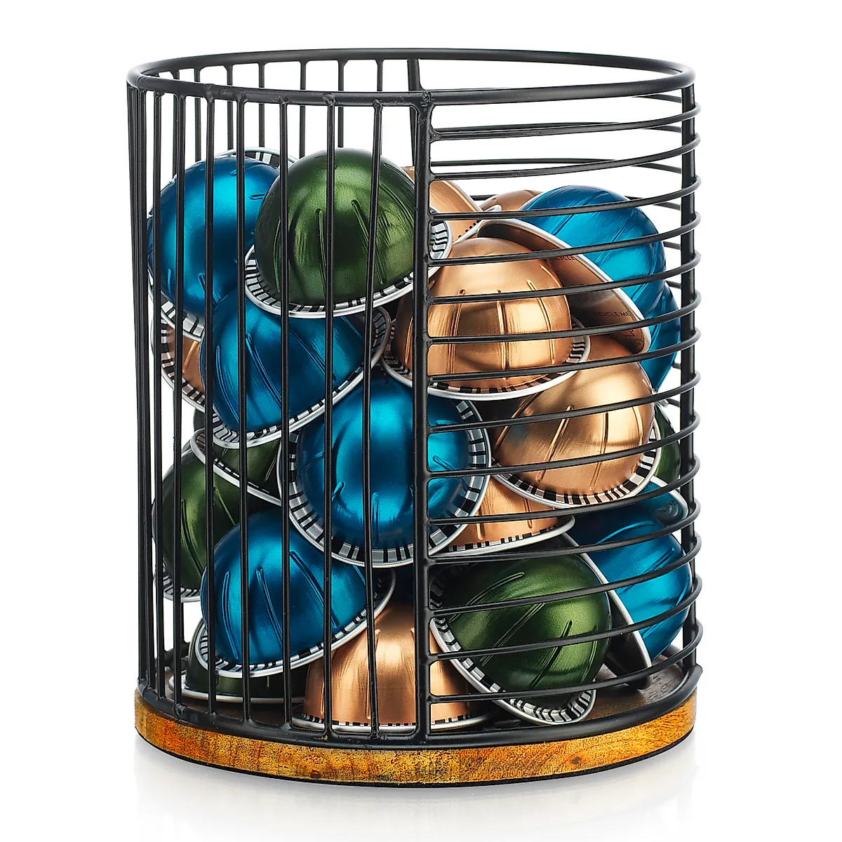 Coffee Pod Storage Holder, Metal Wire Basket with Wood Base, Countertop Coffee Capsule Organizer (89357)