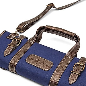 One Selva Chef Knife Bag, Case, Organizer - 17 Slots - Canvas + Blue & Brown Faux Leather - Handles + Carrying Strap - Extra Personal Pocket- Chef Utensil Holder - Travel Roll Bag - Kitchen Organizer