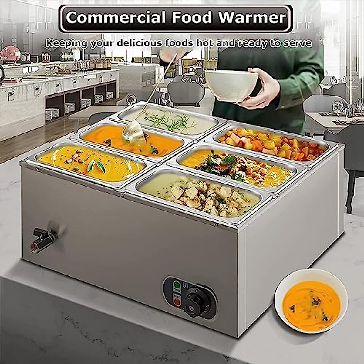 KFJZGZZ Electric Food Warmer 6 Pots, Commercial Countertop Stainless Steel Buffet Wet Well Sauce Food Warmer Steam Table Temperature Control Range 30-85°C with Covers, Drain Tap