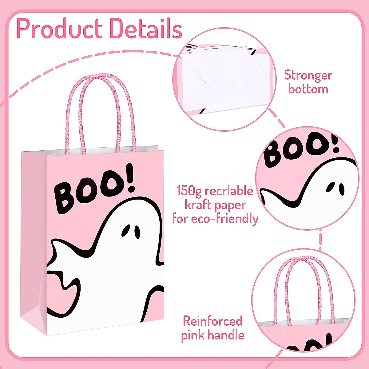 JarThenaAMCS 24Pcs Halloween Paper Gift Bags Ghost Boo Pink with Handles Party Favor Bags Kraft Candy Goodie Treat Bags for Halloween Birthday Party Favors Supplies 8.3 Inch