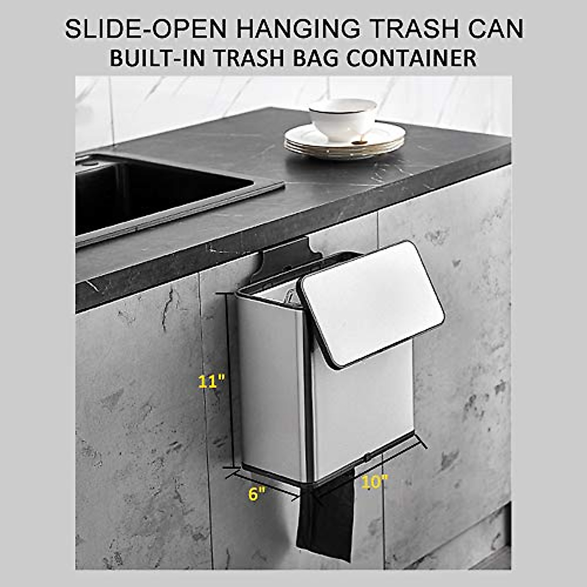 ELPHECO Kitchen Compost Bin, 2 Gallon Brushed Stainless Steel Hanging Trash Can, Kitchen Cabinet Door Under Sink Garbage Can Compost Bin Wall Mounted Slide Open, Upgraded Packaging