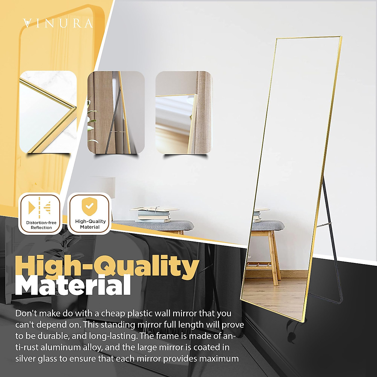 VENERA Floor & Full Length Mirrors - Sturdy Full Length Body Mirror - White Aluminum Framed Full Length Mirror with Stand for Bedroom - 65” Modern and Tall Bedroom Mirror with Stand
