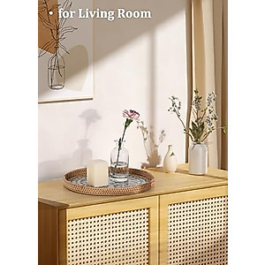 Tynulox 11.8" Rattan Tray with Mother of Pearl Inlay Wooden Base | Round Woven Wicker Tray | Coffee Table Tray for Storage Display Bread Fruit Breakfest