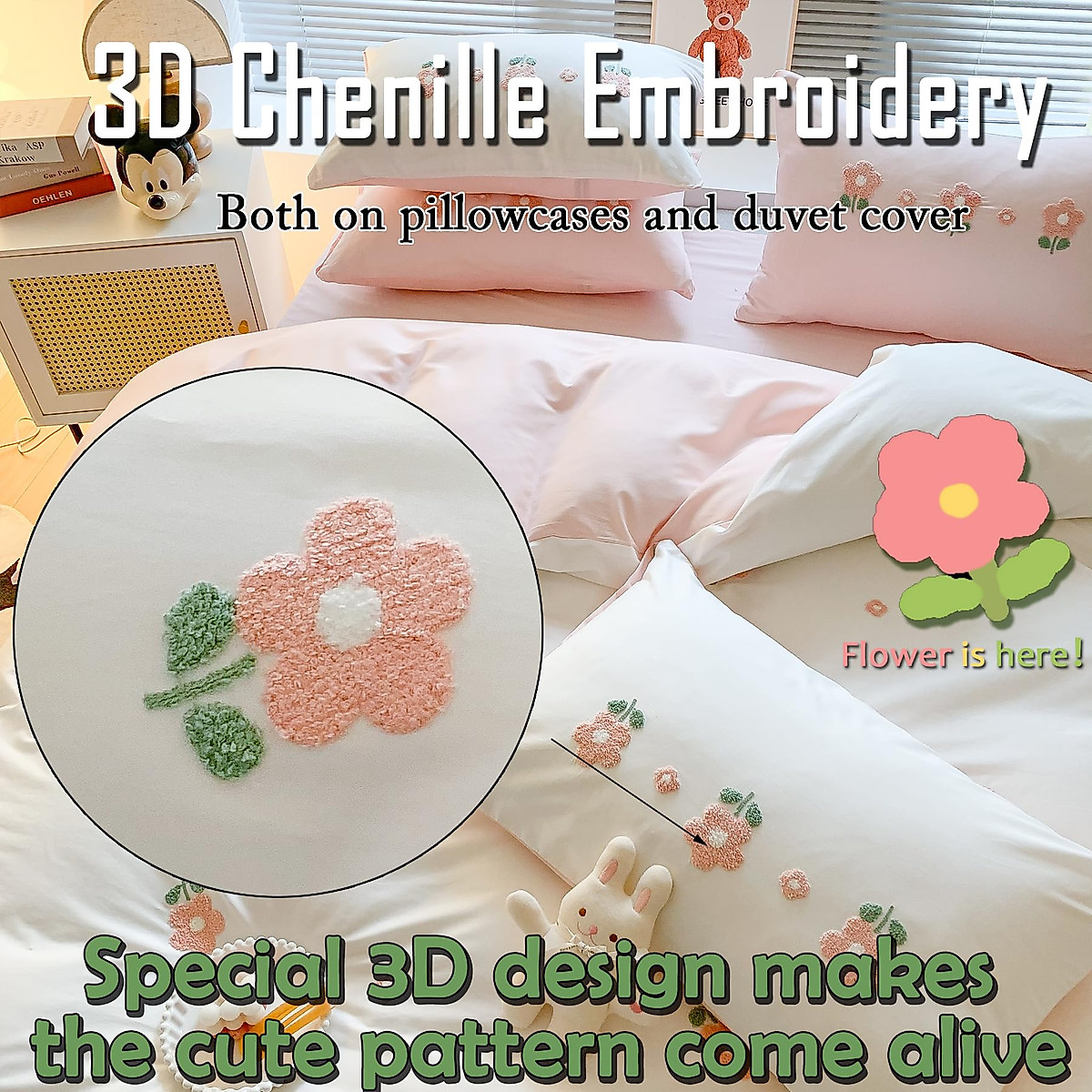 MorroMorn Twin Duvet Cover Cotton, 3D Embroidery Twin Bedding Sets, Cute Chenille Embroidered Comforter Covers Summer Blanket Soft Dry Sweat-Absorb for Girls Kids Teen (Flowers White, Twin/Twin XL)