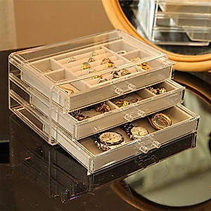 Acrylic Jewelry Boxes For Women With 3 Drawers Stackable Velvet Jewelry Organizer Holder for Earring Bangle Bracelet Necklace Ring Display Case Gift for Girls