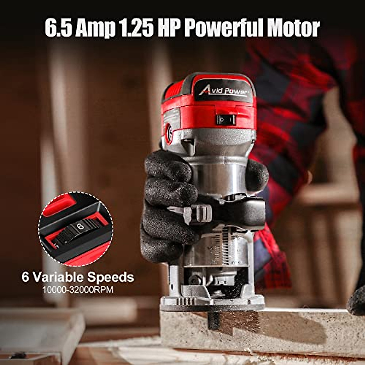 AVID POWER 6.5 Amp 1.25 HP Compact Router Tools for Woodworking, Fixed Base Wood Router with Trim Router Bits, 6 Variable Speeds, Edge Guide, Roller Guide, Dust Hood and Carrying Bags