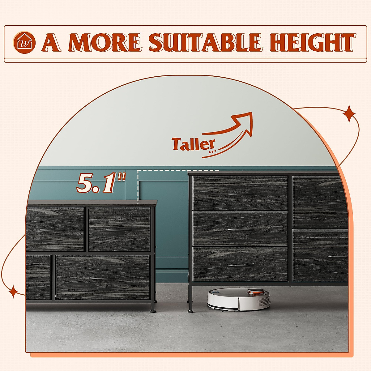 WLIVE Dresser for Bedroom with 5 Drawers, Wide Bedroom Dresser with Drawer Organizers, Chest of Drawers, Fabric Dresser for Living Room, Closet, Hallway, Charcoal Black Wood Grain Print