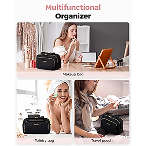 BAGSMART Travel Makeup Bag, Cosmetic Bag Organizer Case, Portable Makeup Travel bag for Women for Travel Accessories, Makeup Toiletry Bag with Dual-Zippered Large Wide-open and Handle-black