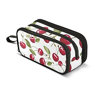 Cherry White Pencil Case for Boys Girls, Large Capacity Pen Bag 3 Compartment Pencil Pouch Students Stationery Organizer Marker Case for School Office Work