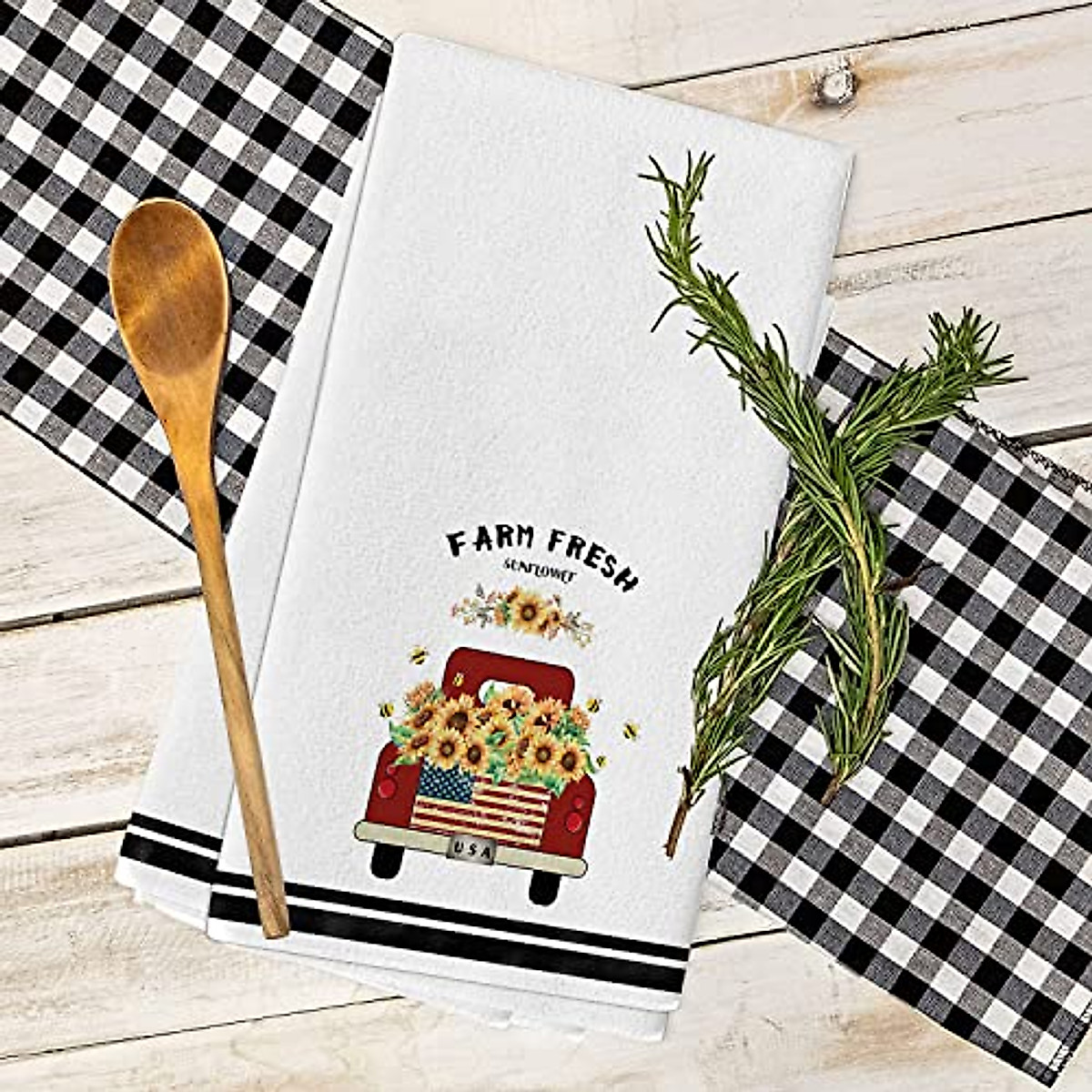 Beisseid Kitchen Towels Farm Fresh Sunflower Truck Dish Cloth Fingertip Bath Towels Cloth Black Stripes Hand Drying Soft Cotton Tea Towel 18x28in