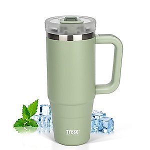 TYESO 30 oz Tumbler with Handle, Straw and Lid - Leak Resistant Insulated Stainless Steel Water Bottle, Car Cup Holder Friendly Travel Coffee Mug Green - Gifts for Men & Women