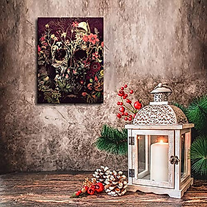 HBQPYL Bloom Skull Canvas Print, Flower Skull Canvas Art Print, Sugar Skull Canvas Art Home Decor Gift, Gothic Floral Skull Wall Art for Halloween (08x10inch,Pine Framed)