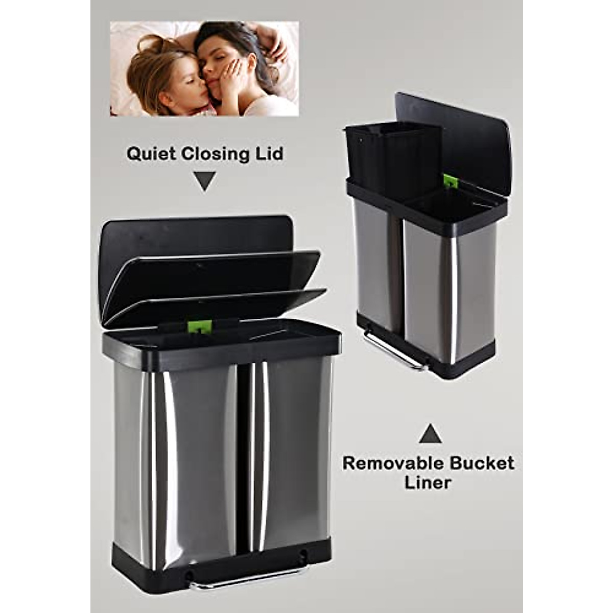 10 Gallon Dual Trash Can, Classified Recycling Bin for Kitchen Recycling and Trash, Double Compartment Trash Can Rubbish Bin with Lid, Plastic Inner Buckets, Stainless Steel, Soft-Close, Airtight
