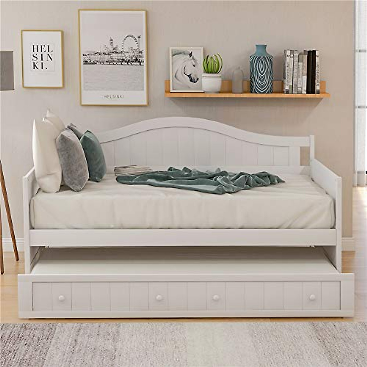 CJLMN Solid Wood Daybed with a Trundle, Twin Trundle Daybed Sofa Bed Frame for Bedroom, Guest Room, Living Room (White)