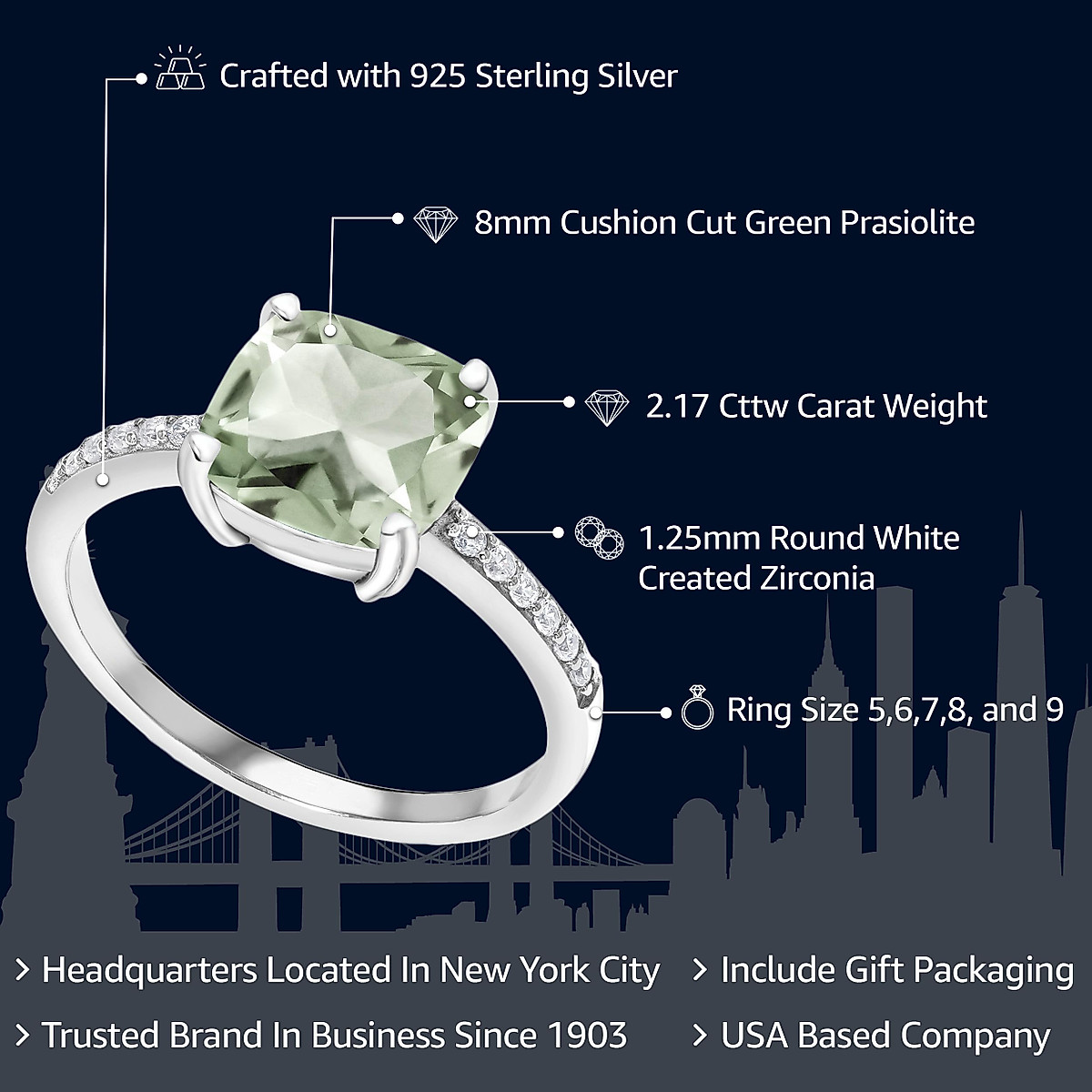 Gem Stone King 2.17 Cttw Green Prasiolite Engagement Ring For Women In 925 Sterling Silver | Cushion Cut 8MM | Gemstone Birthstone | Available in Size 5, 6, 7, 8, 9