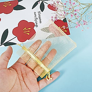 HRX Package 100pcs Little Gold Organza Bags 3 x 4 inch, Mesh Jewelry Pouches Drawstring Empty Sachets for Bracelets Candy Small Gift