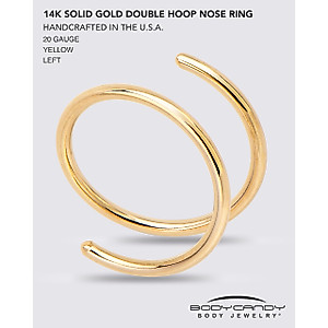 Solid 14k Yellow Gold Double Hoop Nose Ring for Women and Men - Hypoallergenic Spiral Nose Jewelry for Single Piercing - Handmade in USA -20 Gauge 8mm Left