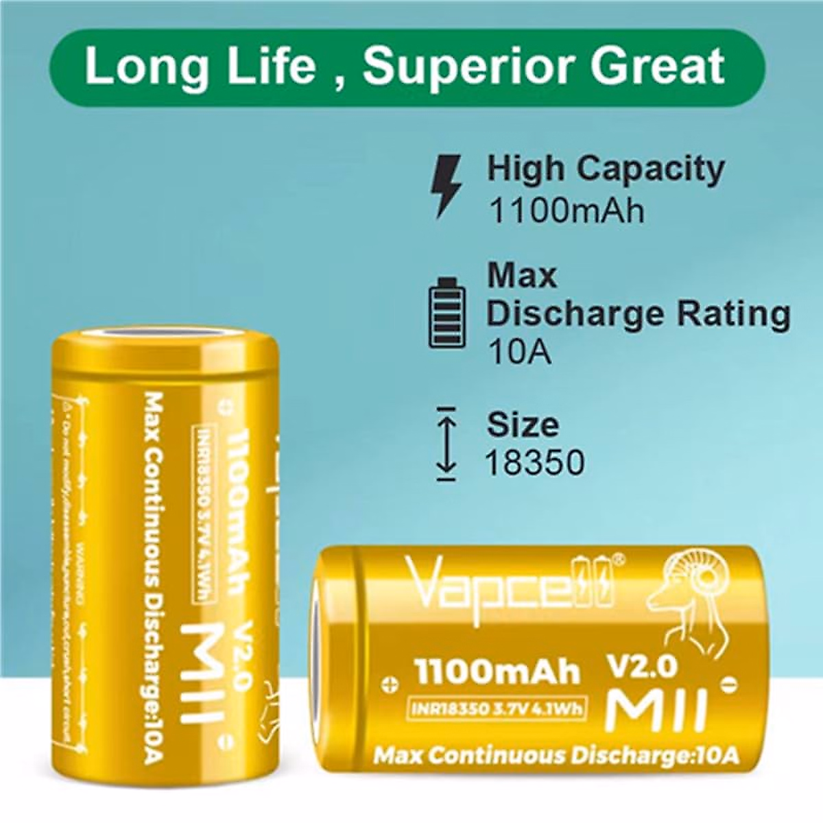 Vapcell 3.7v 1100mah Flat Top 18350 10A Discharge high Drain Li-on IMR Rechargeable Lithium Battery 2pcs