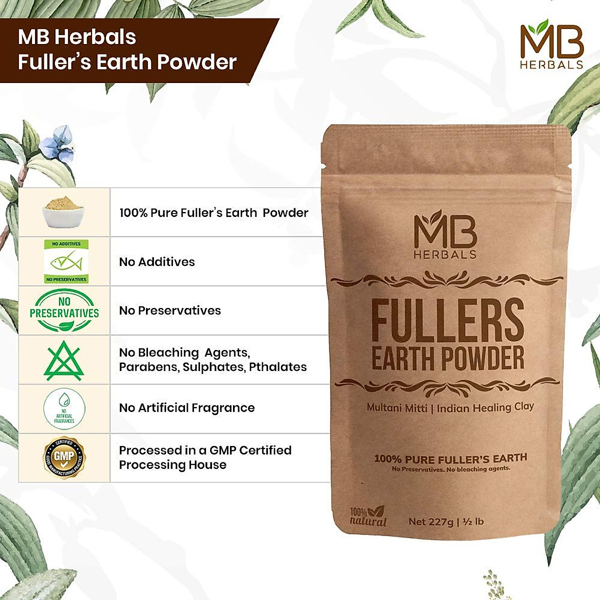 MB Herbals 100% Pure Fullers Earth Powder 100g | 3.5oz | Multani Mitti Facial Clay Bentonite Indian Healing Clay | No Preservatives | No Bleaching Agents | No Added Fragrance| Fuller's Earth