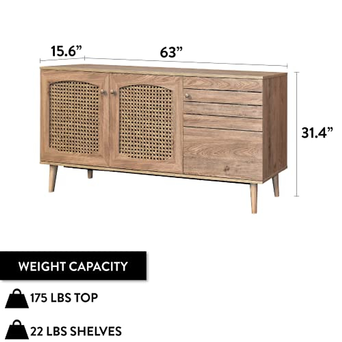 DG Casa Sorico Coastal Living Room Entryway Table with Rattan Style Doors Kitchen Sideboard Buffet Storage Cabinet, Adjustable Shelf, Oak, 63"