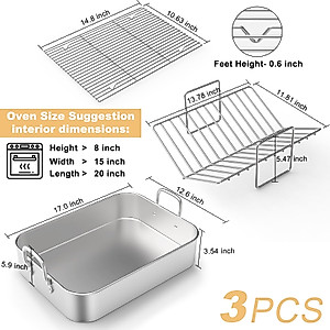 Stainless Steel Roasting Pan, 17*13 Inch Turkey Roaster with Rack - Deep Broiling Pan & V-shaped Rack & Flat Rack, Non-toxic & Heavy Duty, Great for Thanksgiving Christmas Roast Chicken Meat Lasagna