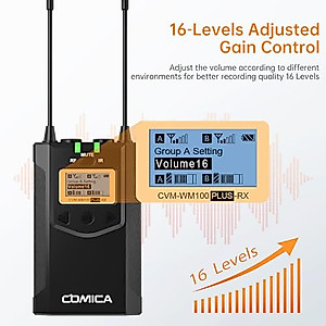 Comica CVM-WM100PLUS - Wireless Microphone System for Cameras, Camcorders, Smartphones, Laptops, Professional UHF Wireless Lavalier Lapel Microphone with Dual-Channel Recording, AA Batteries
