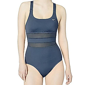 Nike Womens Mesh Solid Edge V-Back One Piece Swimsuit (X-Large, Navy)
