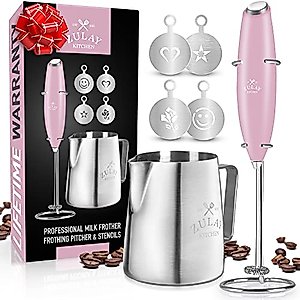 Zulay Kitchen Premium Gift Milk Frother Complete Set - Handheld Foam Maker, Stencils & Frother Set - Whisk Drink Mixer for Coffee - Mini Blender for Cappuccino, Frappe