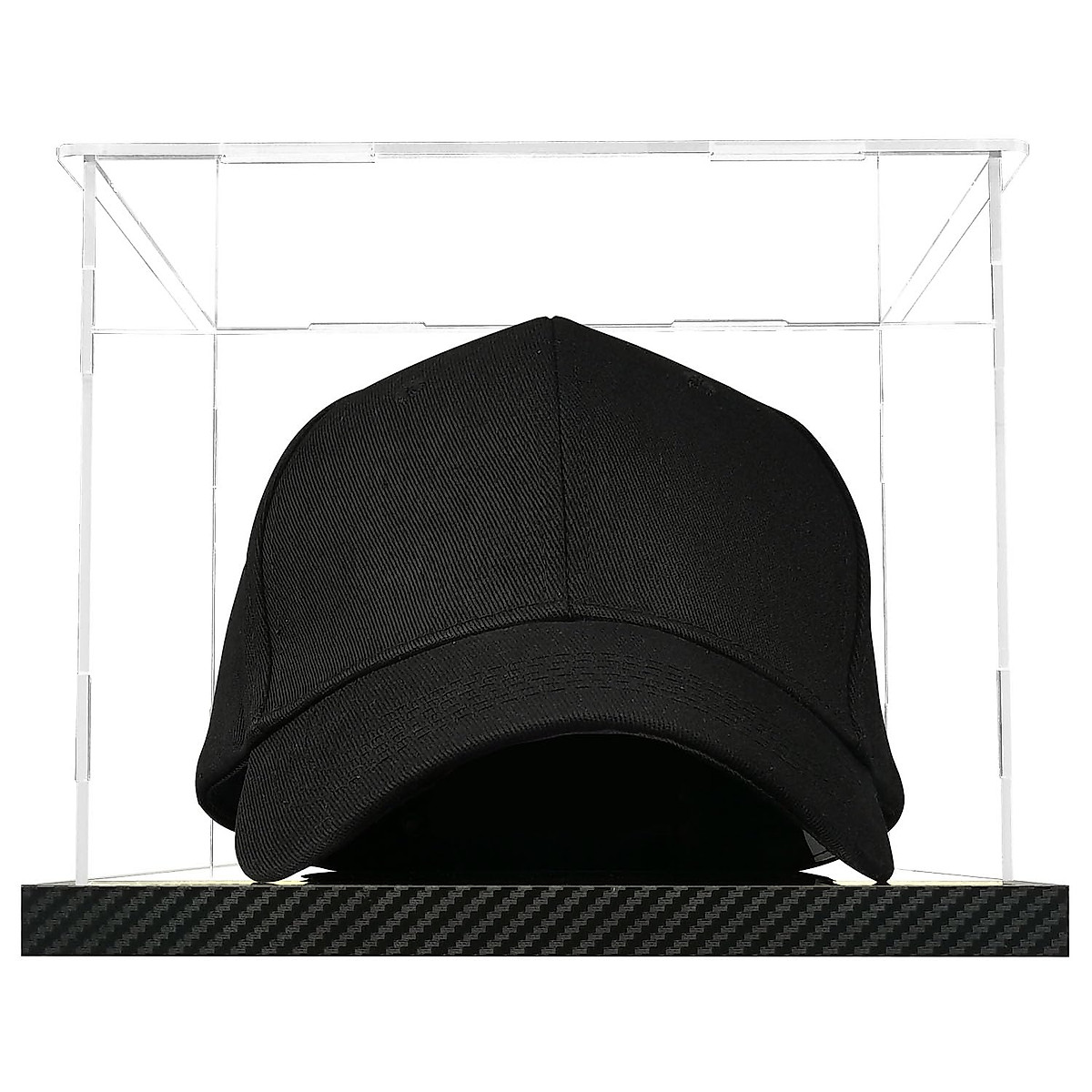 Clear Hat Display Case Acrylic Baseball Cap Holder Stand Transparent Hat Storage Box Dustproof Square UV Protection Cabinet with Carbon Fiber Skin Base and Removable Mirror Base