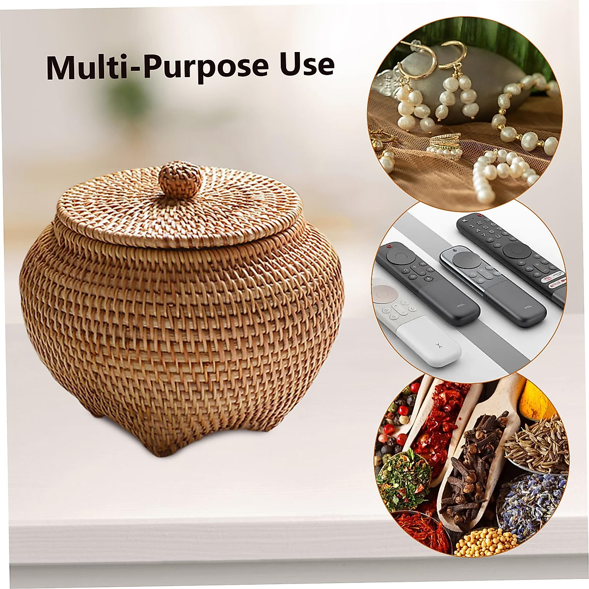 Rattan Box with Lid, 6.3x5.5 Inch Rattan Basket, Hand-Woven Round Woven Basket, Desktop Decorative Box Small Wicker Basket with Lid, Round Woven Seagrass Baskets, Little Handmade Rattan Storage