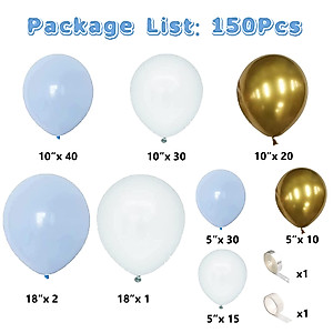 148Pcs Baby Blue Balloon Garland Arch Kit, with White Metallic Gold Balloons in Different Sizes for Boy Birthday Baby Shower Party Decoration