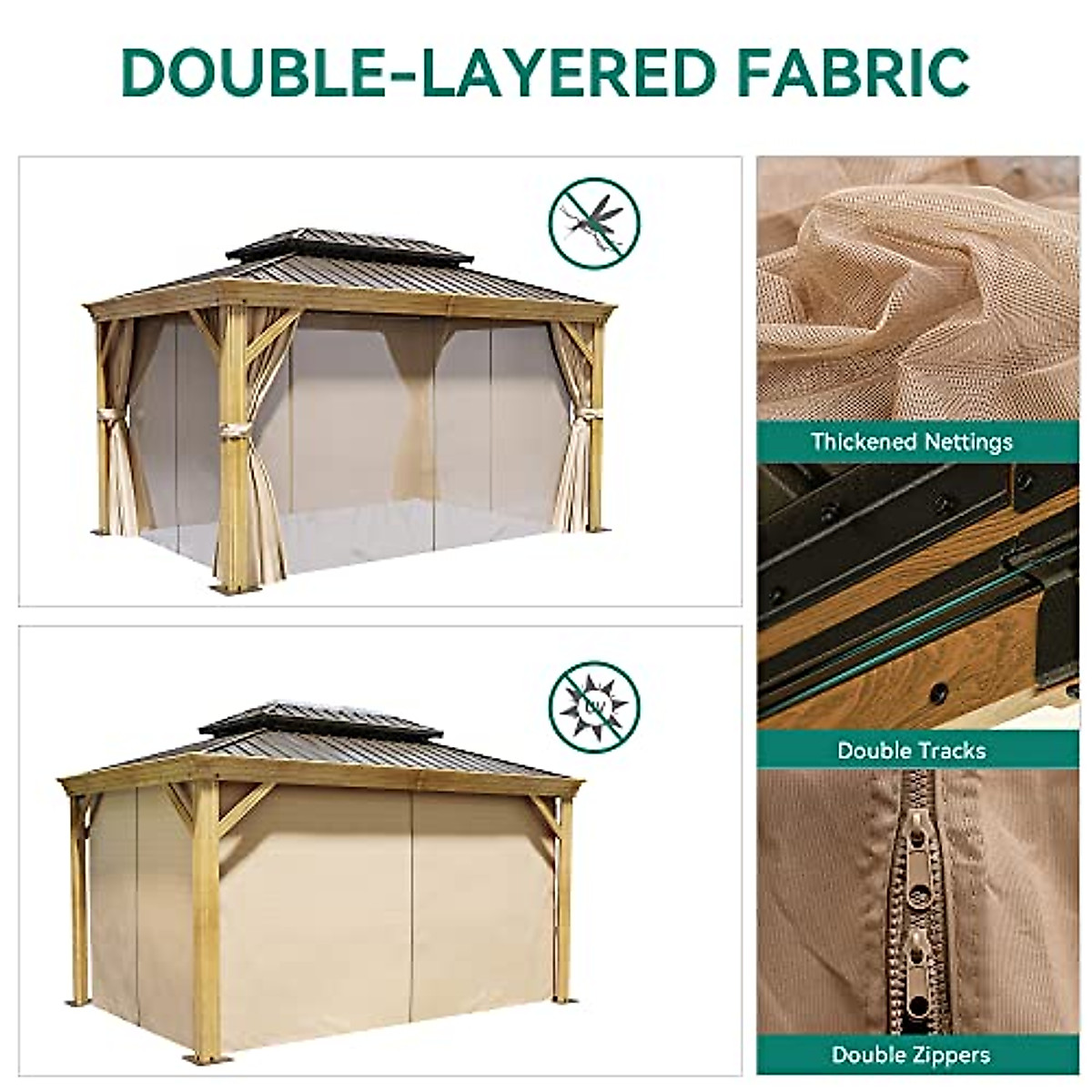 YITAHOME 10x12ft Hardtop Gazebo with Nettings and Curtains, Wood Grain Heavy Duty Double Roof Galvanized Steel Outdoor Combined of Vertical Stripes Roof for Patio, Backyard, Deck, Lawns, Brown