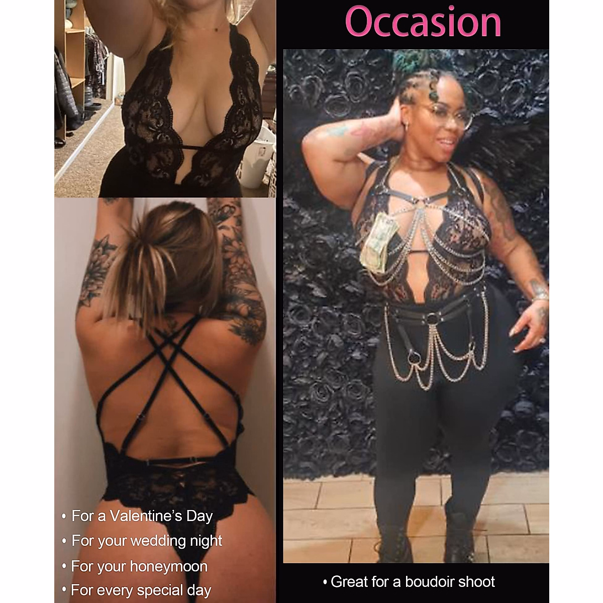 Aranmei Sexy Lingerie for Women Hollow Out Floral Lace Bodysuit One Piece Lingerie Deep V Teddy Babydoll Underwear Large Black