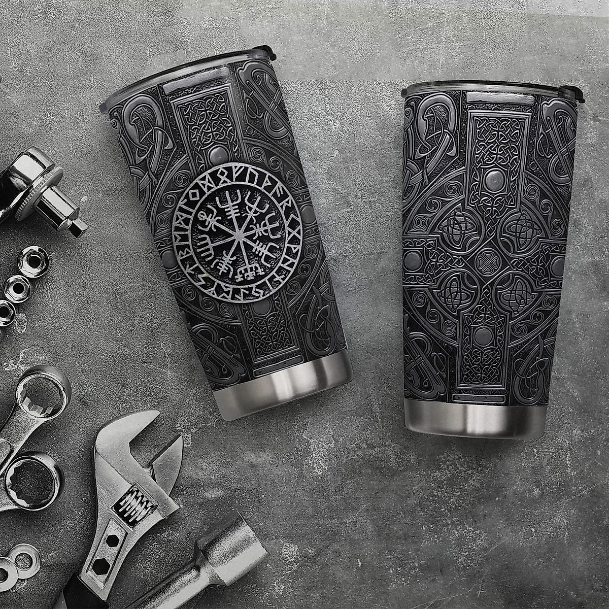 20oz Viking Gifts for Men, Norse Mythology Gifts, Valentines Day Gifts for Him, Birthday, Inspirational Gifts, Vegvisir Viking Symbol Tumbler Cup, Insulated Travel Coffee Mug with Lid