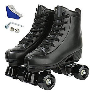 YYW Roller Skates for Women Men, High Top PU Leather Classic Double-Row Roller Skates, Indoor Outdoor Roller Skates for Beginner a Shoes Bag (Black Black Wheel, 41)