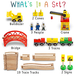 KipiPol Wooden Train Sets for Boys 2-4-7 – 38 Pcs Wood Train Set for Toddlers w/Crane, Bridge & Wooden Train Tracks – Train Toys for 3 Year Old Boys & Girls – Fits Thomas Brio IKEA Melissa and Doug