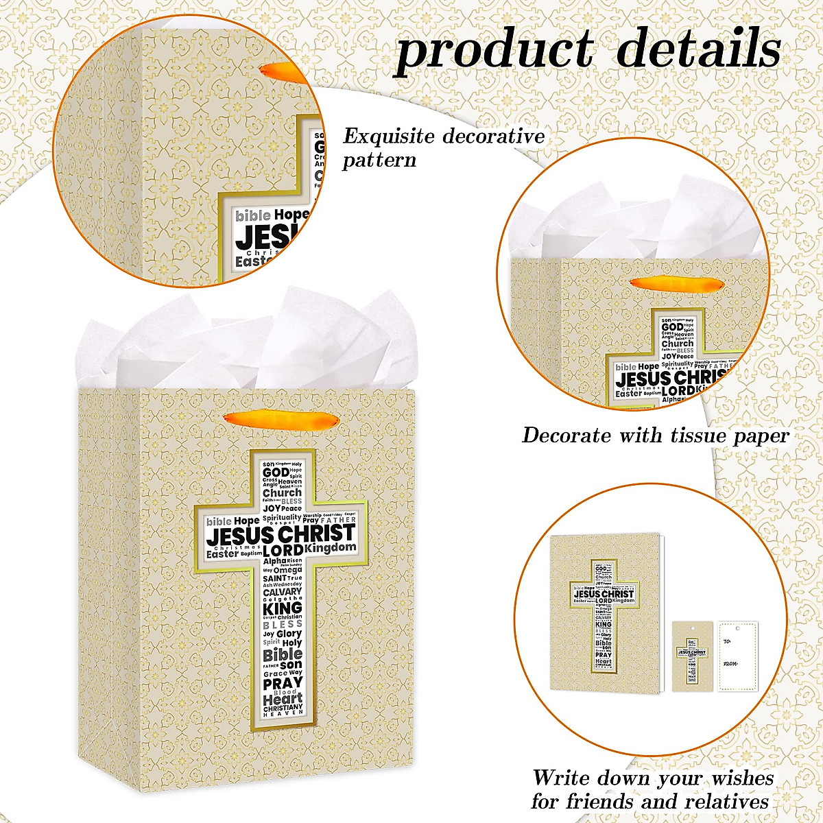 SICOHOME Large Gift Bag with Tissue Paper,Cross Paper Gift Bags with Handle for Baptism Christenings Confirmations First Communions Religious Wedding,Christmas Baptism Gifts Bag for Kids Boys Girl