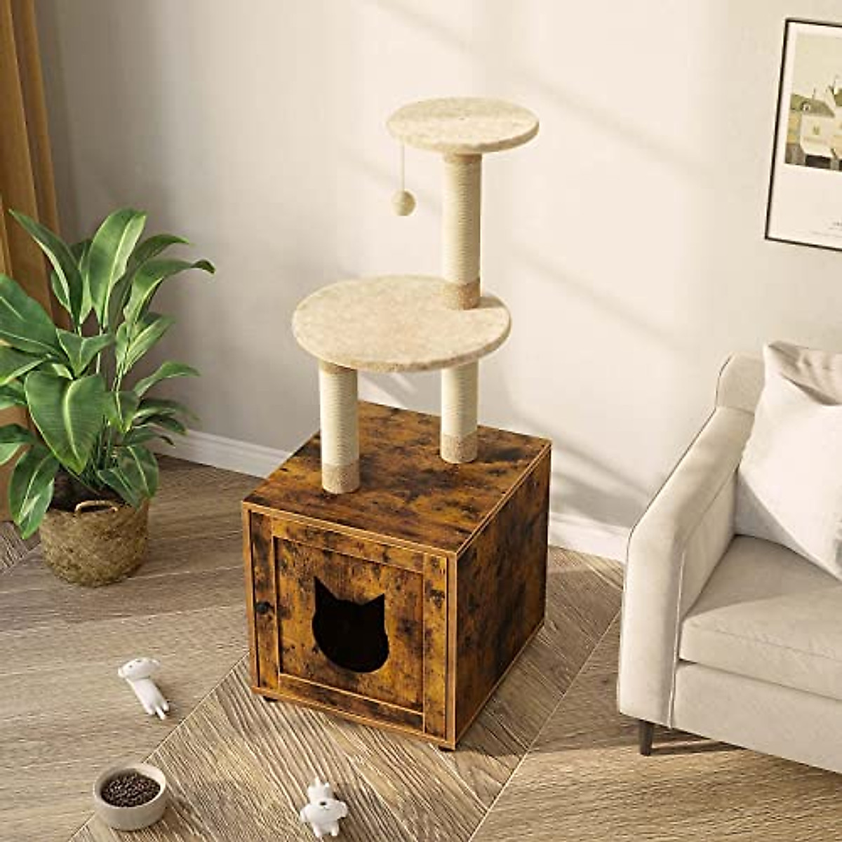 FavePaw Cat Litter Box Enclosure, Cat Tree with Litter Box Enclosure, Cat Litter Box Furniture with Cat Tree Tower and Condo, Indoor Cat House with Sisal Scratching Post and Soft Plush Perch, Brown