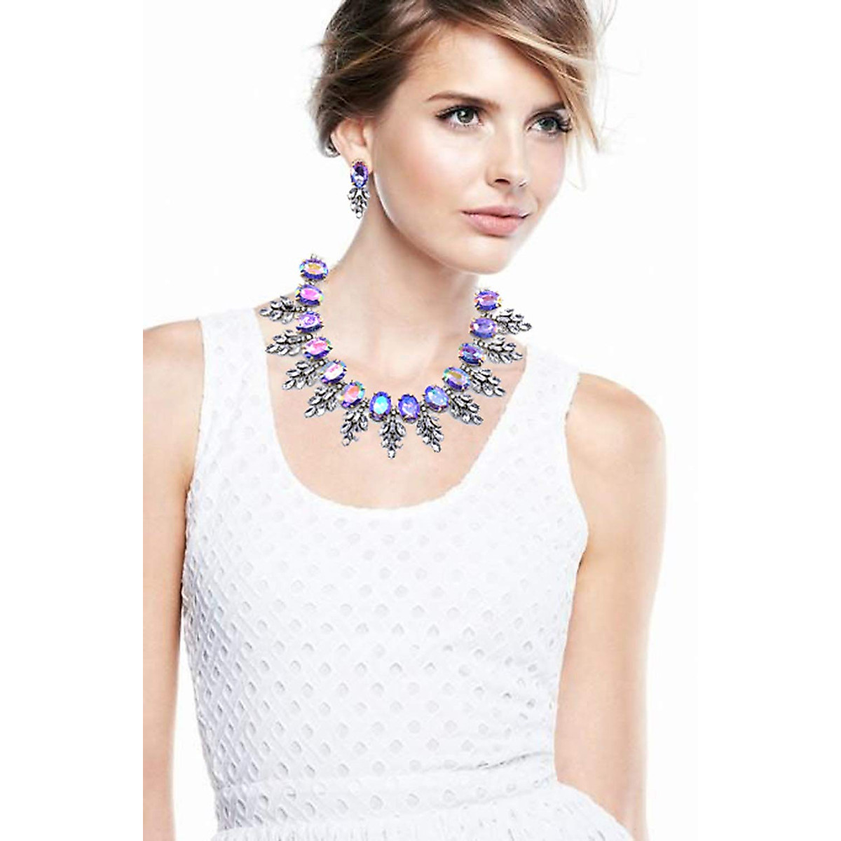 Zthread Luxury Colorful Crystal Statement Necklace Leaf Pendant Choker Eveing Dress Bridal Jewelry Necklace Earrings Set for Women (Purple)