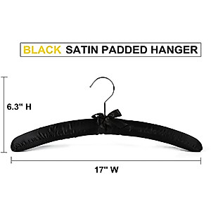Amber Home 17 Inch Large Black Satin Padded Hangers for Women Clothing 5 Pack, Anti Slip Cushioned Hangers for Sweaters, Silk Hangers Fancy Dress Hangers for Wedding, Delicate Cashmere (Black, 5 Pack)