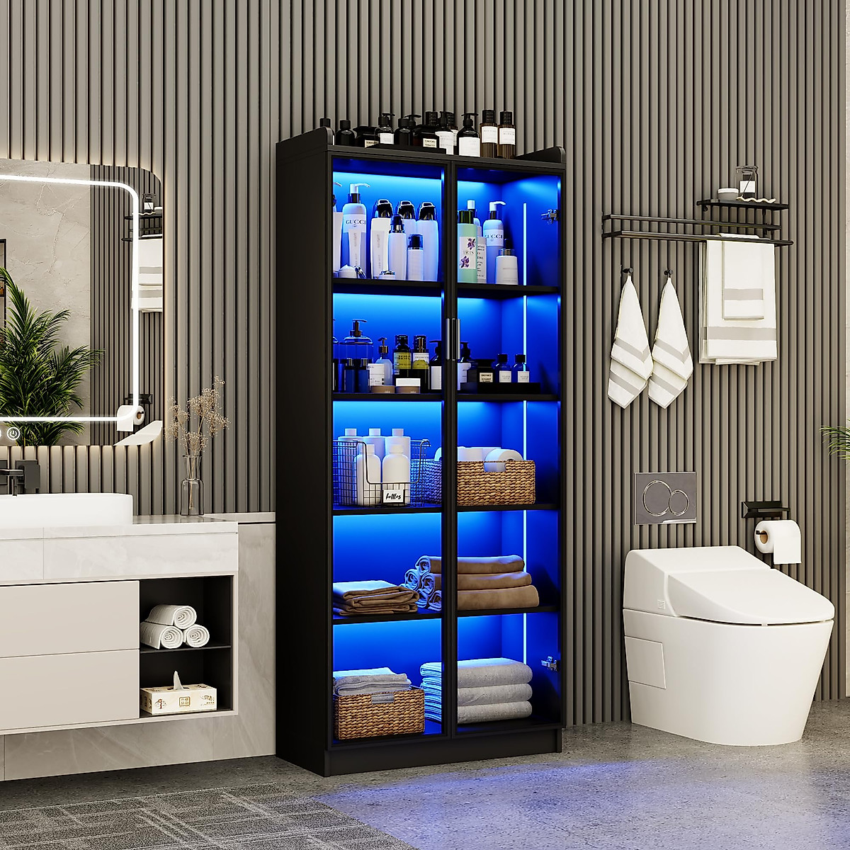 Display Cabinet with Doors and Adjustable Shelves, 65" Tall Bookcase with LED Lights/Human Sensor, 5 Tier Display Case for Collectibles Bedroom Living Room Office, Black - Smoked Black Door