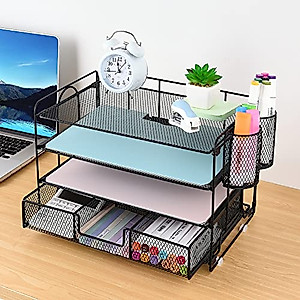 Becomrock Desk Organizers, 4-Tier Paper Letter Tray Organizer with Drawer and Pen Holder, Mesh Desktop Organizer, Office Supplies Desk Accessories (Black)
