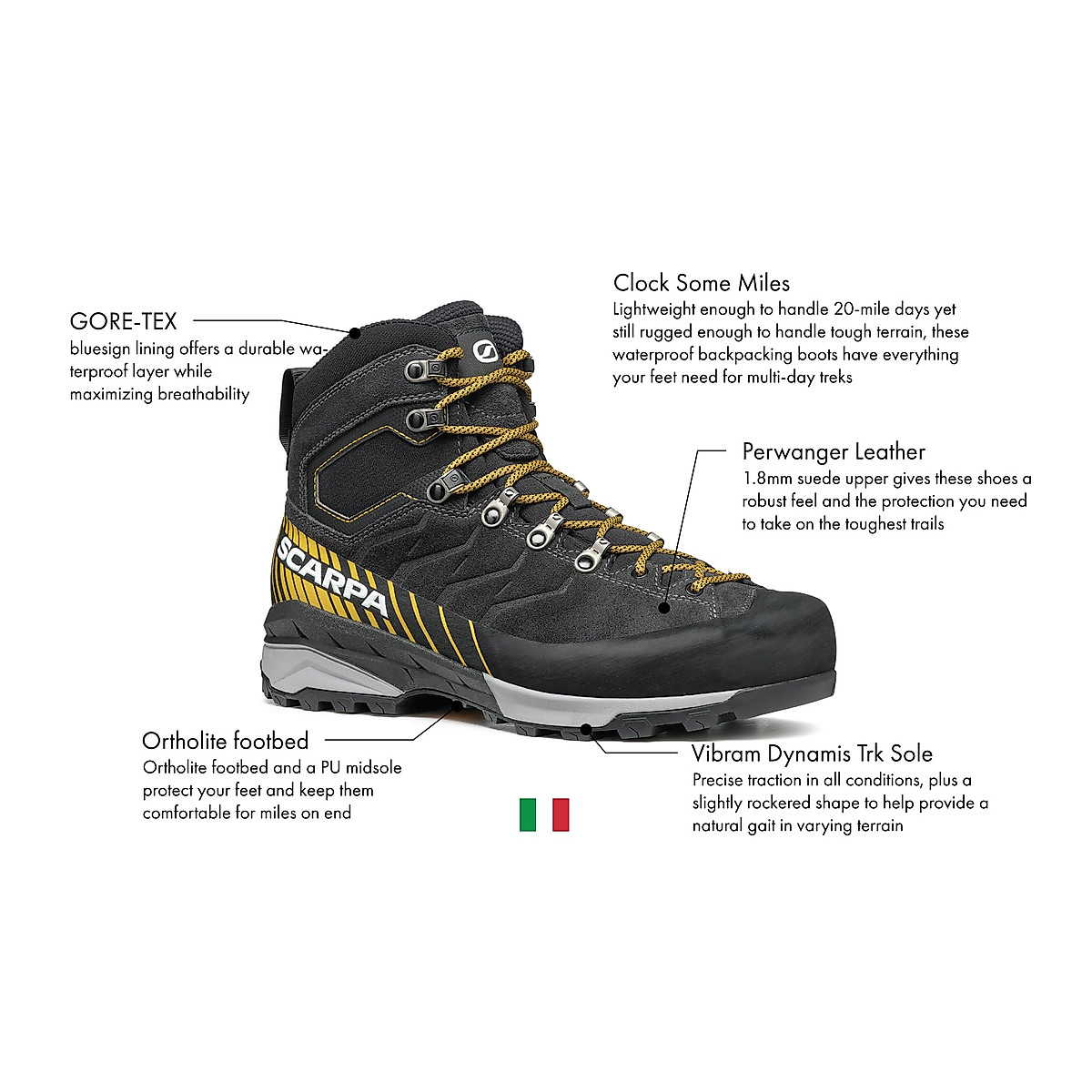 SCARPA Men's Mescalito Trk GTX Waterproof Gore-Tex Boots for Hiking and Backpacking - Dark Anthracite/Mustard - 11-11.5
