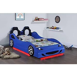 Coaster Home Furnishings Cruiser Contemporary Leatherette Upholstered Twin Size LED Car Bed Frame Platform Bed 33-inch Headboard Blue 400478