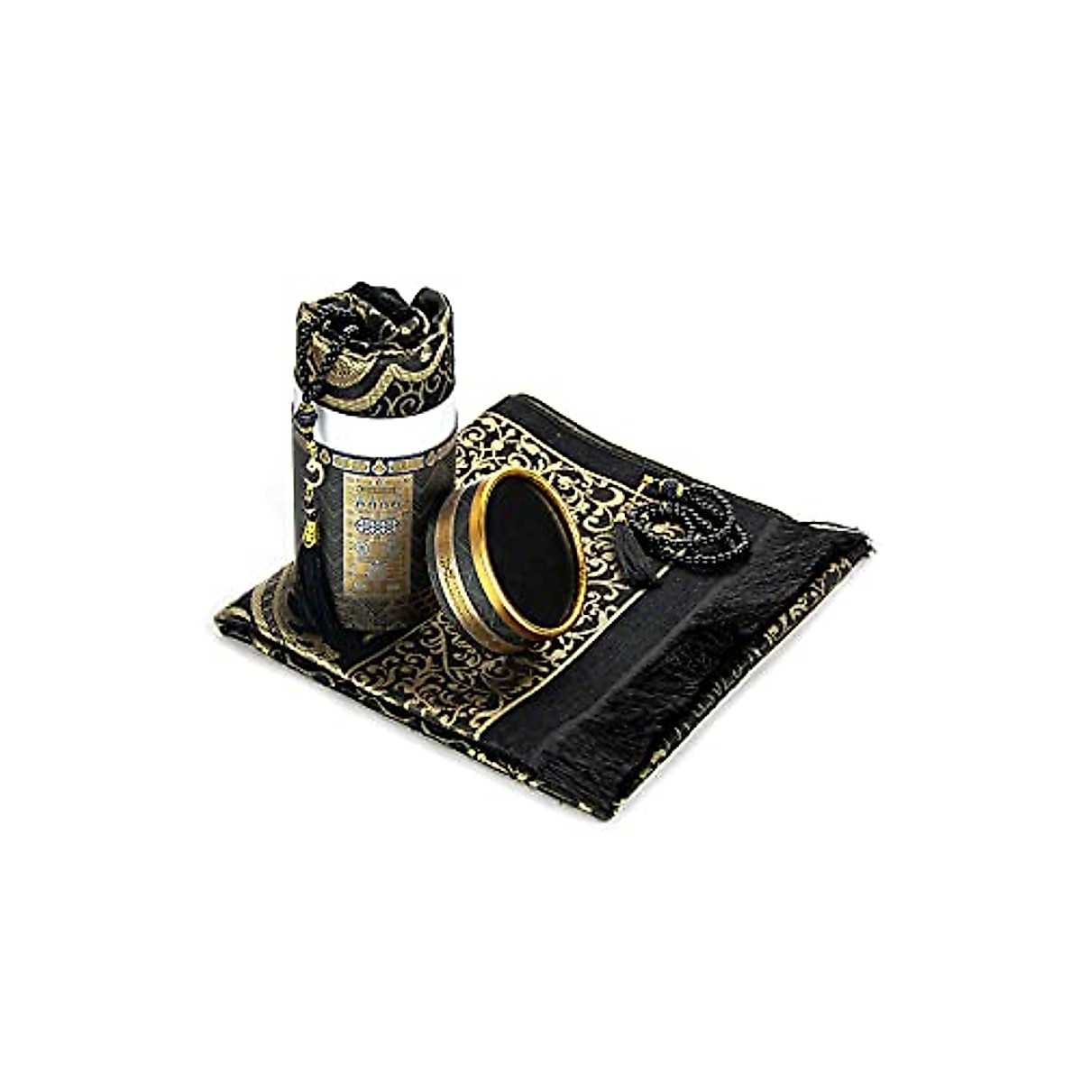 Muslim Prayer Rug and Prayer Beads with Elegant Design Cylinder Gift Box | Janamaz | Sajadah | Soft Islamic Prayer Rug | Islamic Gifts Set | Prayer Carpet Mat, Taffeta Fabric, Black